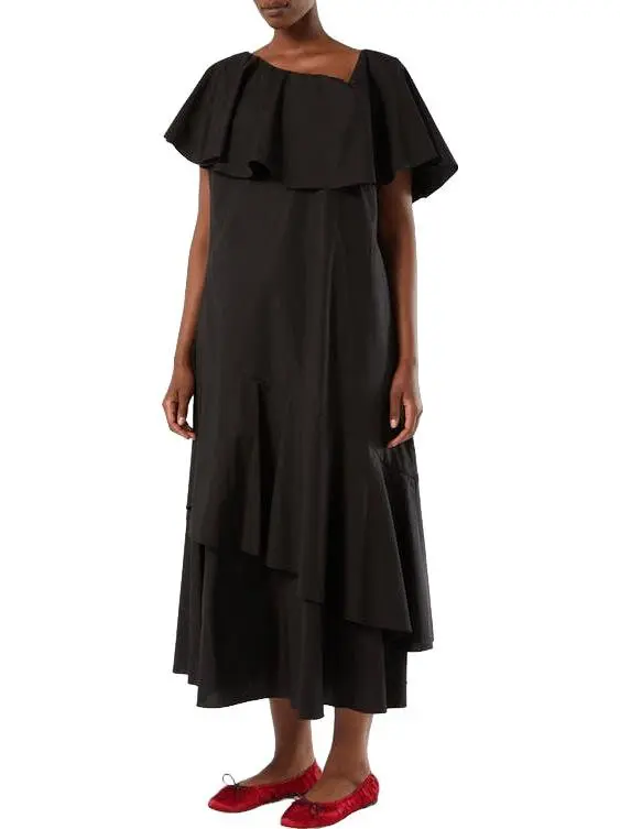 Marina Rinaldi Asymmetric Neck Tiered Cotton Dress - Black