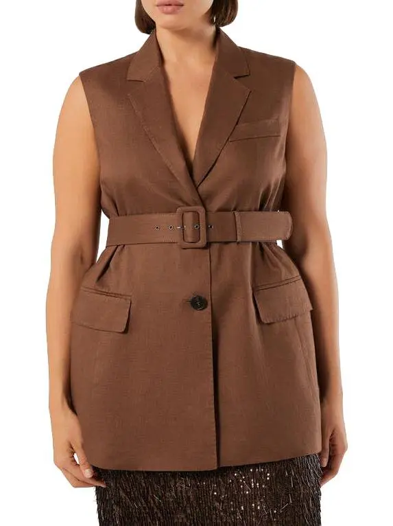 Marina Rinaldi Orli Belted Linen Vest - Cocoa