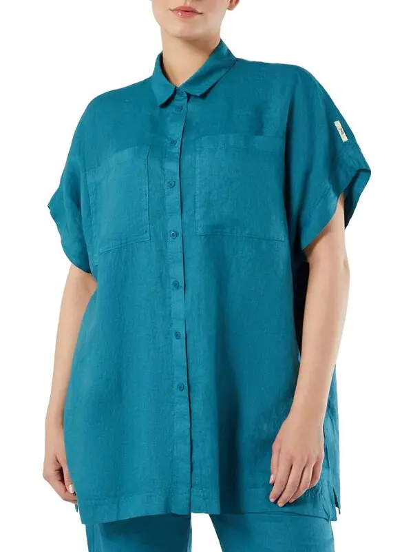 Marina Rinaldi Linen Canvas Voyage Collection Button-up Tunic - Turquoise