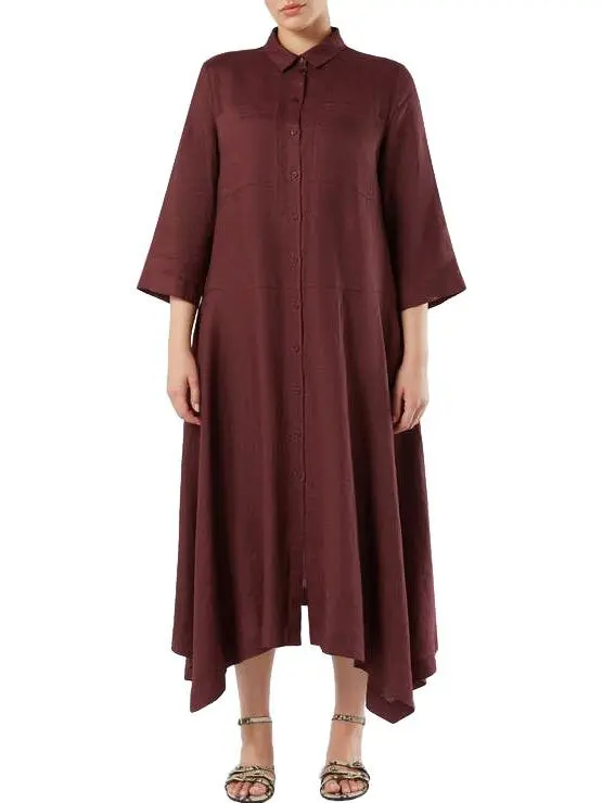 Marina Rinaldi Linen Maxi Shirt Dress With Shark Bite Hem - Bordeaux