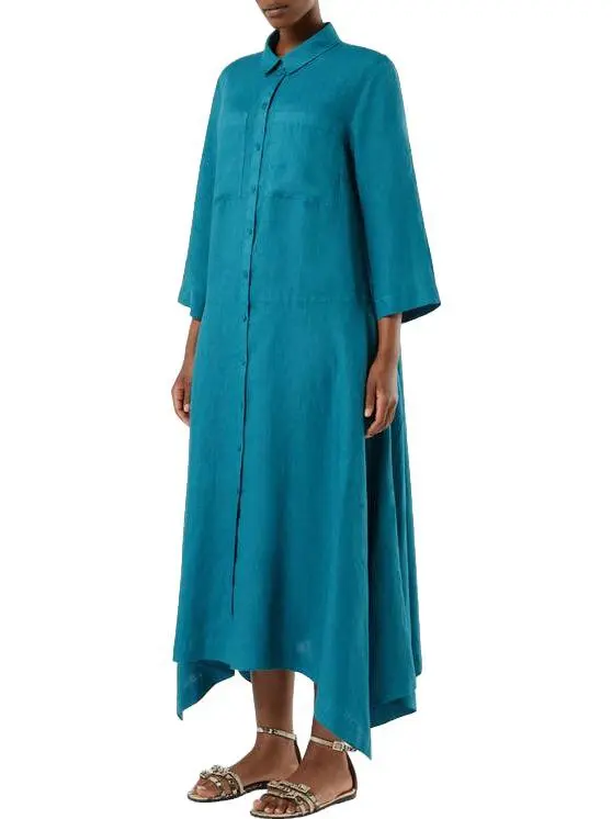 Marina Rinaldi Valpe Shark-bite Hem Linen Shirtdress - Turquoise