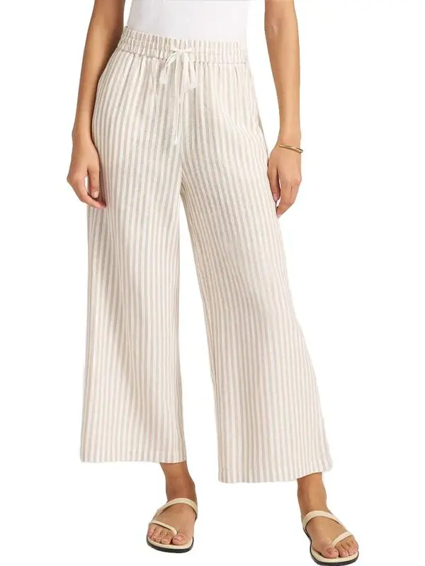 Matty M. Relaxed Stripe Linen Blend Drawstring Pants - Natural