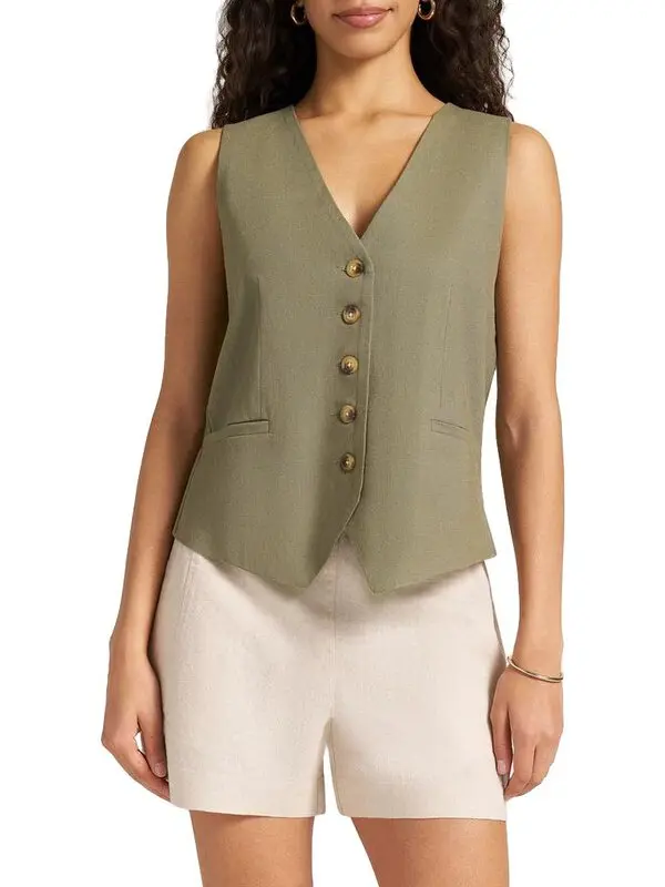 Matty M. Davenport Linen Blend Vest - Olive