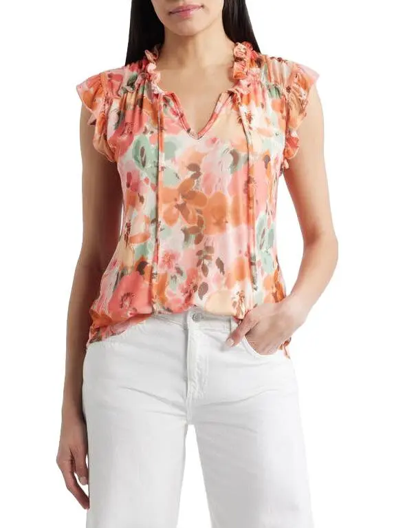 Loveappella Floral Ruffle Trim Split Neck Top - Blush