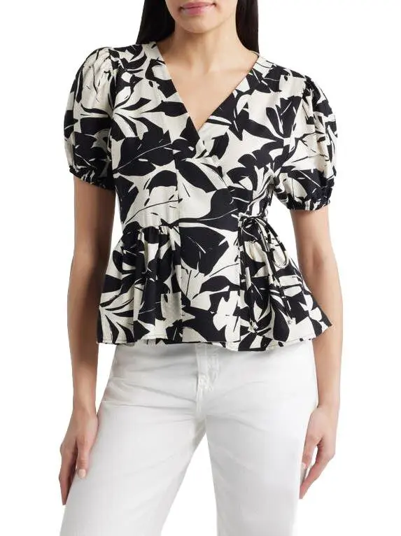 Loveappella Abstract Leaf Print Wrap Top - Ivory/black