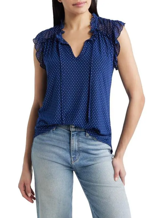Loveappella Polka Dot Ruffle Trim Split Neck Top - Navy