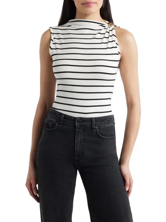 Loveappella Stripe Side Twist Rib Top - Ivory/black