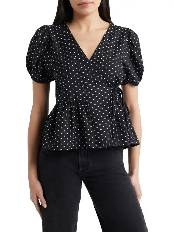 Loveappella Polka Dot Wrap Top - Black/ivory