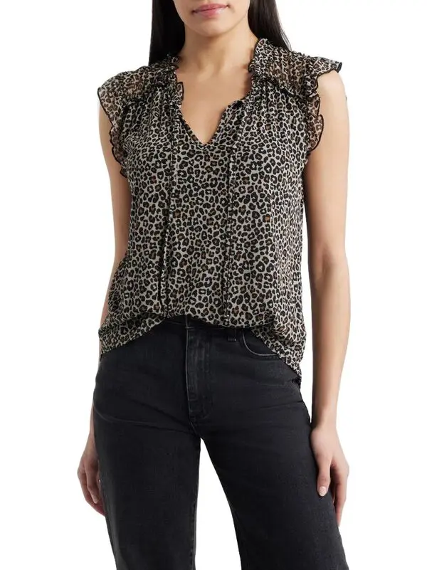 Loveappella Animal Print Ruffle Trim Top - Taupe