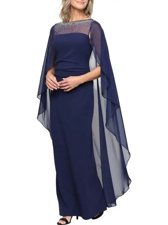 Alex Evenings Stretch Crepe & Chiffon Cape Gown - Navy