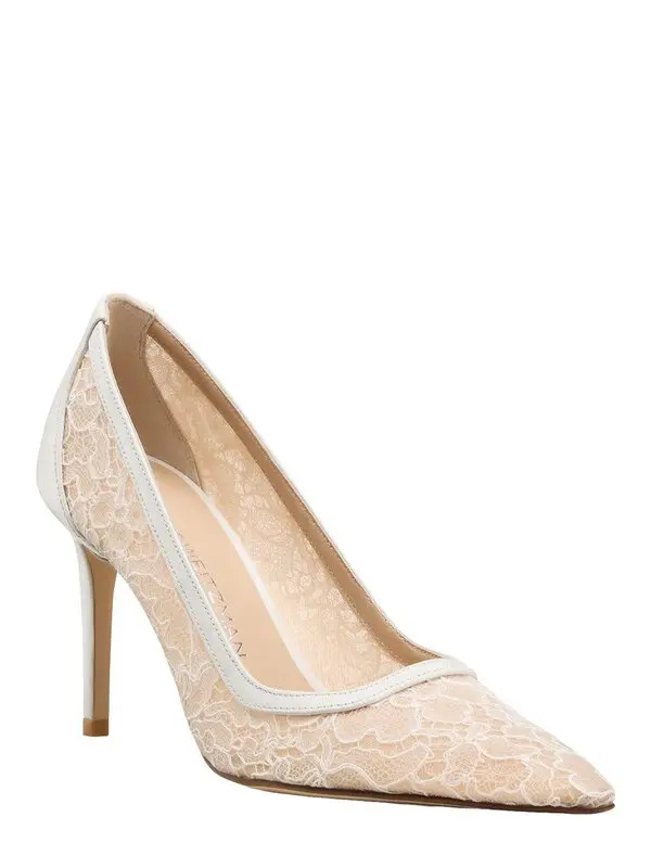 STUART WEITZMAN Power 85 Lace Pointed Toe Pump - Blanco/beige/blanco