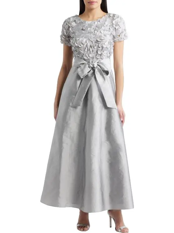 Pisarro Nights 3d Beaded Paillette Bodice Taffeta Gown - Silver
