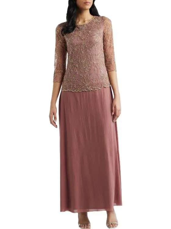 Pisarro Nights Beaded Bodice Satin Gown - Rose
