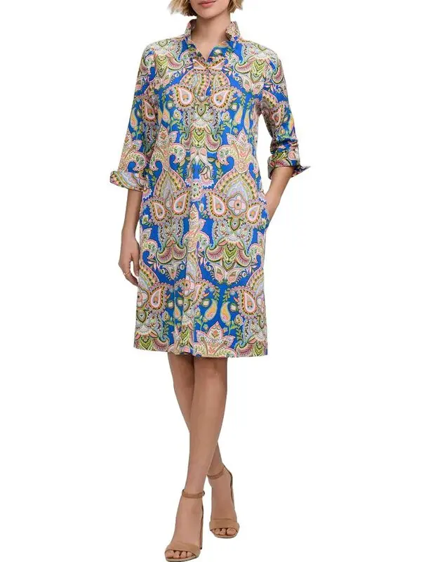 Foxcroft Tammy Three-quarter Sleeve Cotton Dress - Blue/multi