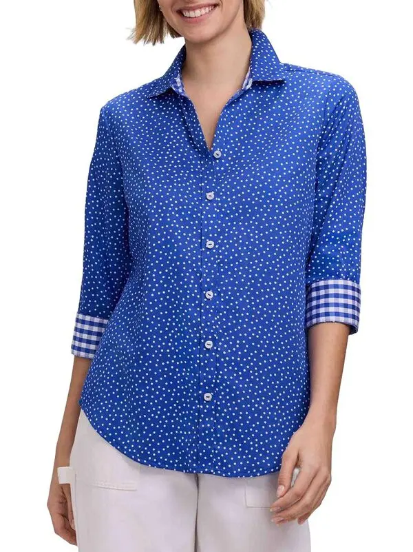Foxcroft Margie Mini Dot Three-quarter Sleeve Button-up Shirt - Blue/white