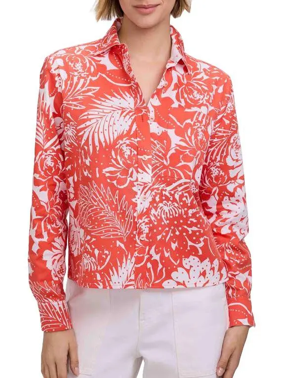 Foxcroft Floral Cotton Button-up Shirt - Peachy Orange/white