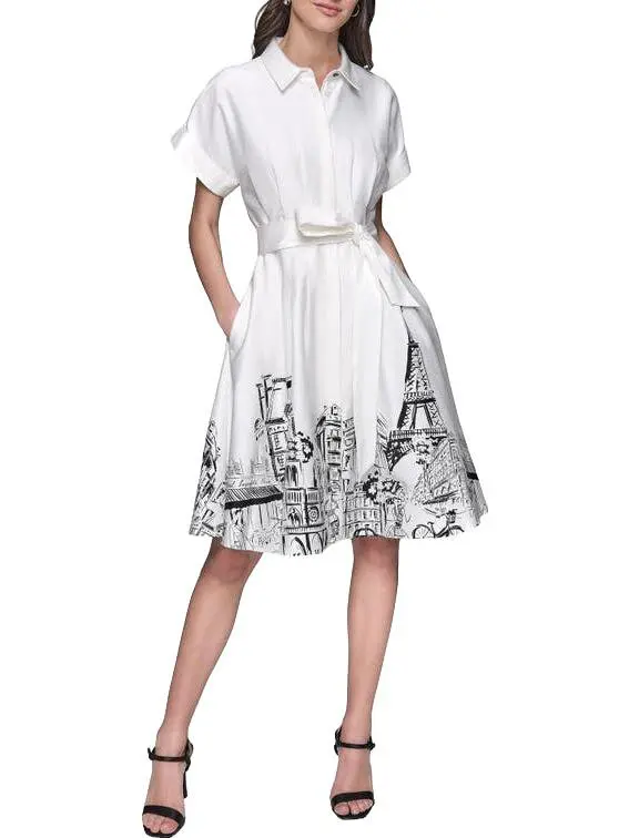Karl Lagerfeld Printed Belted Poplin Shirtdress - Soft White Black