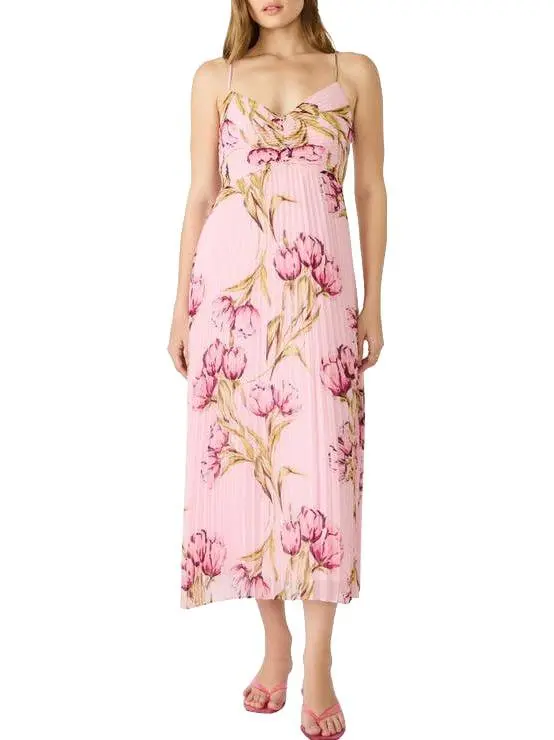 Steve Madden Floral Print Pleat Midi Dress - Rosette Pink