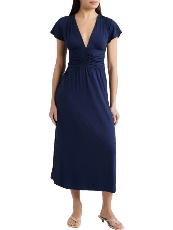 Loveappella Ruched Bodice Midi Dress - Navy
