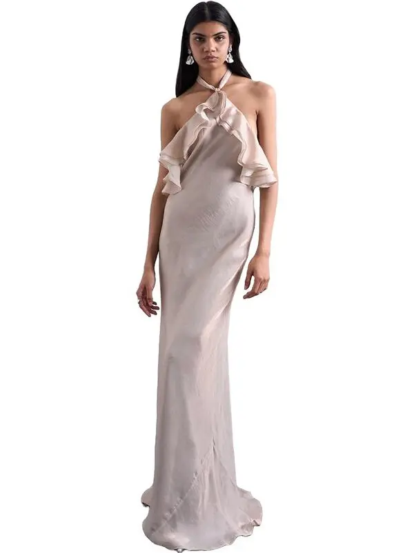 Topshop Satin Ruffle Halter Maxi Dress - Iridescent Mink