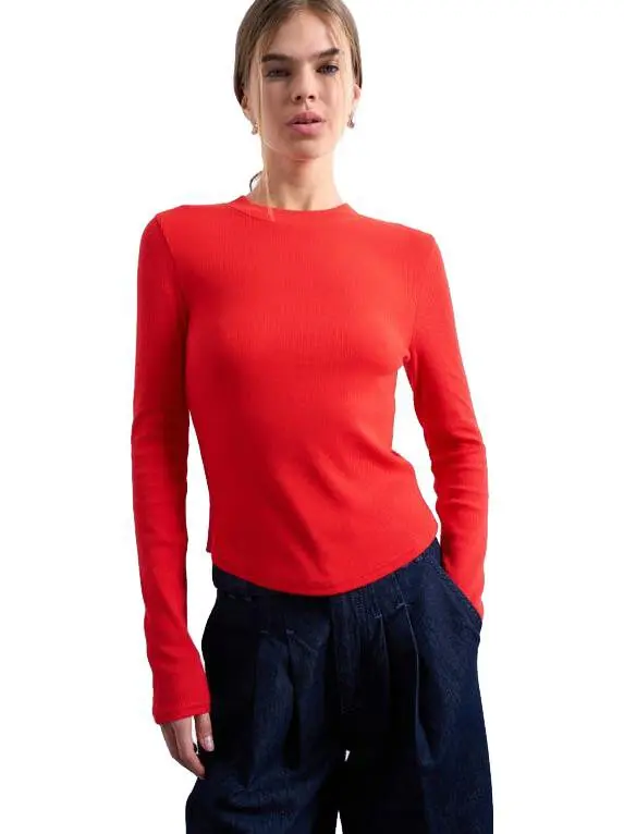 Topshop Long Sleeve Curve Hem Top - Red