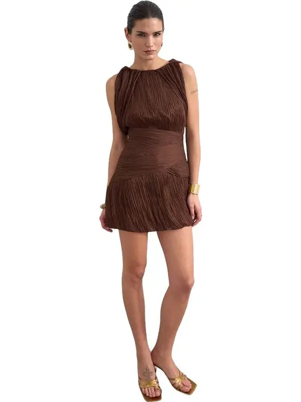 Topshop Drape Shoulders Pleated Mini Dress - Brown