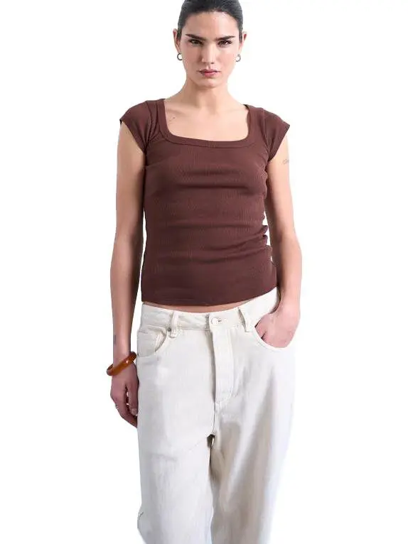 Topshop Square Neck Rib Top - Brown