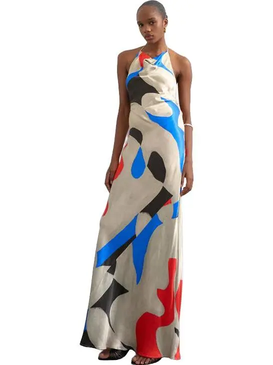 Topshop Cowl Halter Neck Open Back Maxi Dress - White Multi
