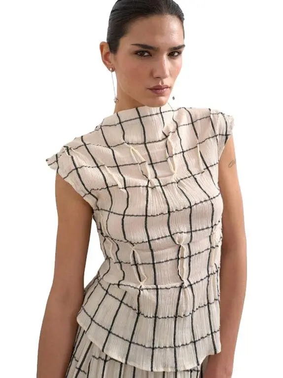 Topshop Pintuck Crinkle Funnel Neck Top - Stone