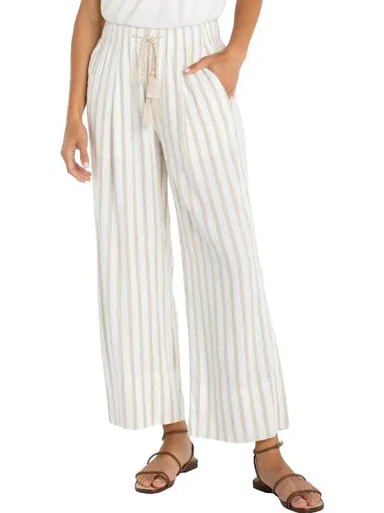 LIVERPOOL Stripe Pull-on Crop Wide Leg Trousers - Cream/tan