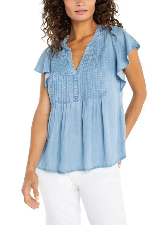 LIVERPOOL Flutter Sleeve Popover Chambray Top - Malibu Light