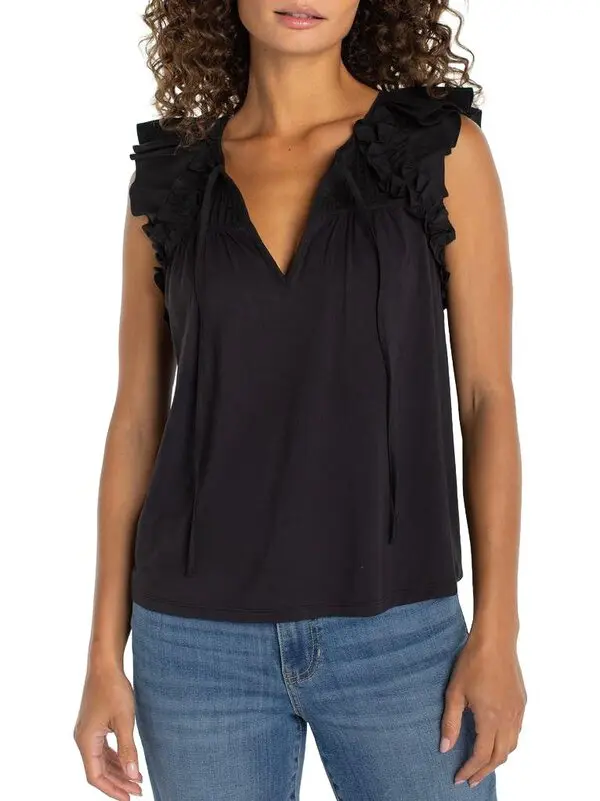 LIVERPOOL Ruffle Shoulder Tie-neck Top - Black