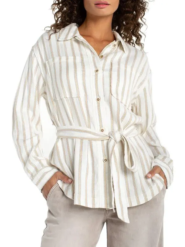 LIVERPOOL Striped Belted Shacket - Cream/tan