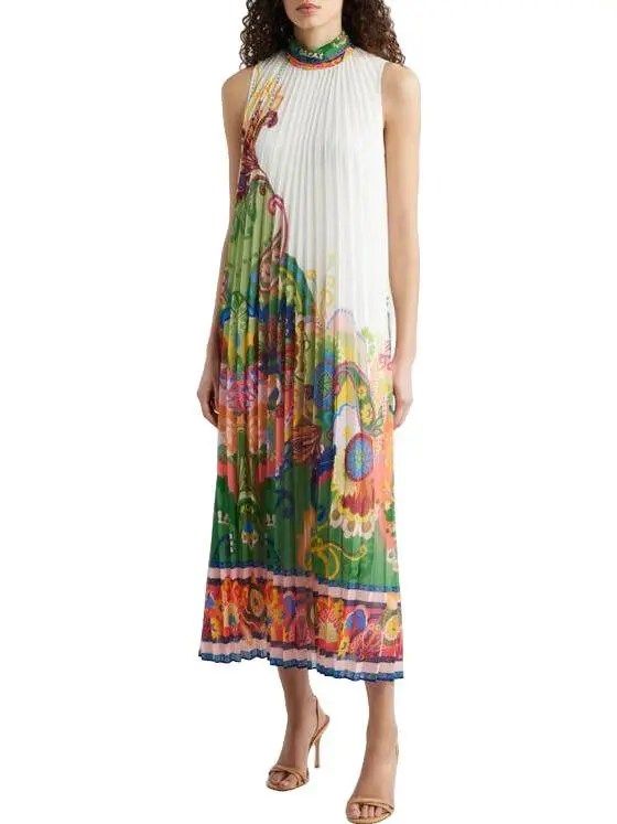 Elie Tahari Reilley Placed Paisley Pleated Dress - Celestial Paisley Print