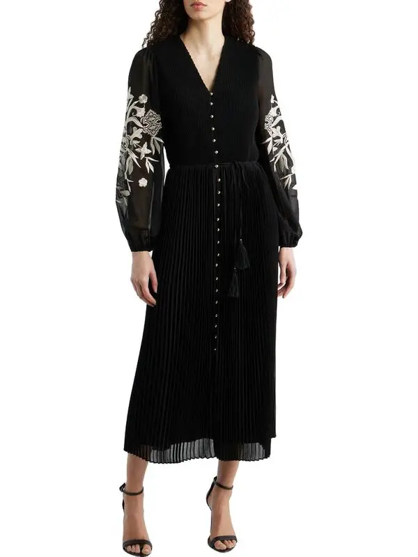 Elie Tahari Amanda Embroidered Satin Dress - Noir