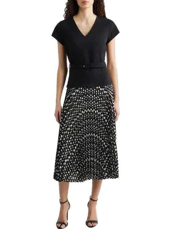 Elie Tahari The Nina Belted Pleated Dress - Noir/noir And White Polka Dot