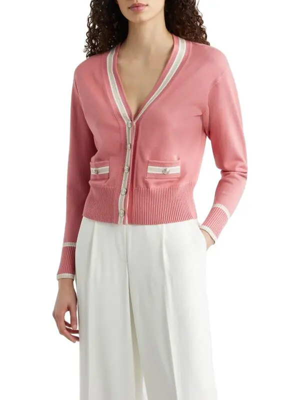 Elie Tahari Kiva Metallic Stripe Cardigan - Dragon Fruit