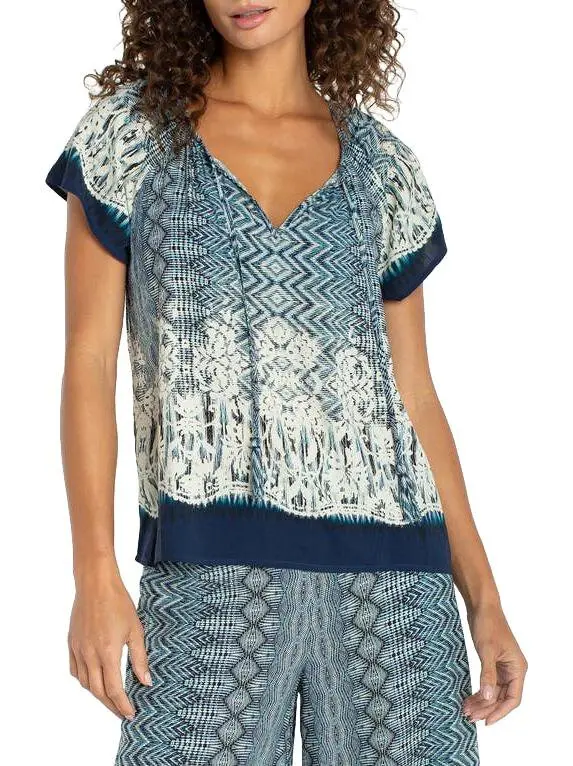 LIVERPOOL Printed Tie Neck Top - Nomad Ikat Print