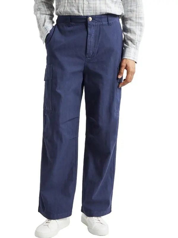 PALMES Cotton Herringbone Wide Leg Cargo Pants - Navy