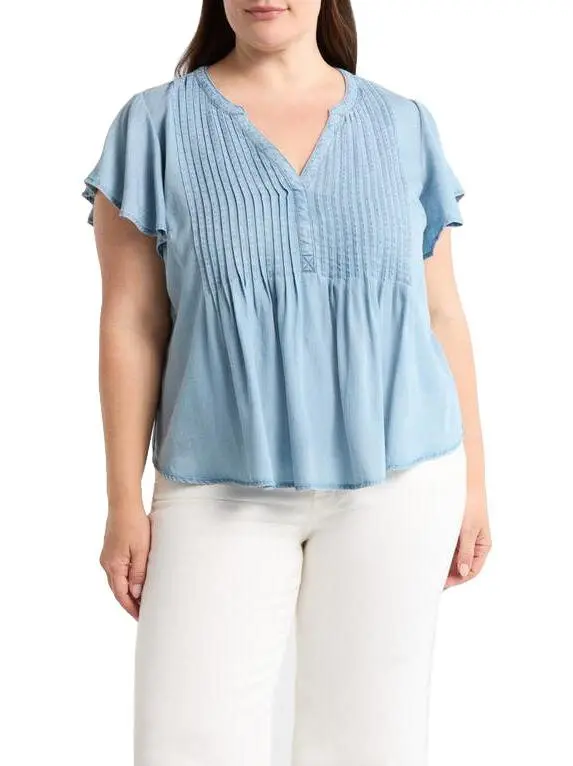 LIVERPOOL Pintuck Pleat Flutter Sleeve Chambray Top - Malibu Light