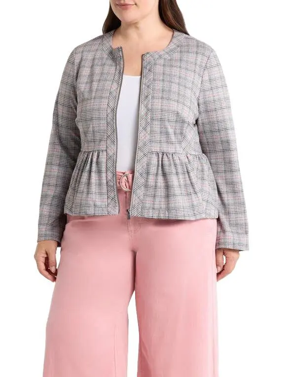 LIVERPOOL Plaid Peplum Zip Jacket - Gry/blush Plaid