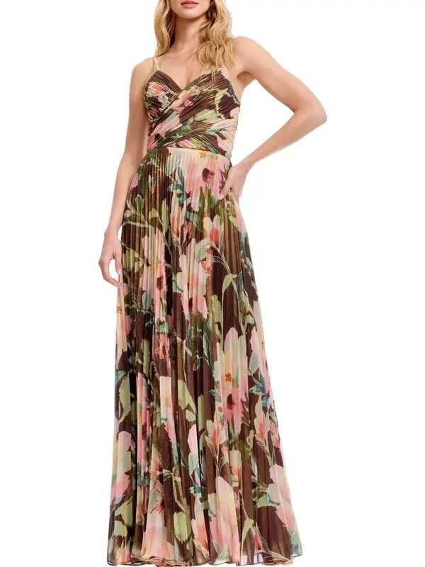 Dress The Population Floral Print Pleated Chiffon Gown - Mocha Multi