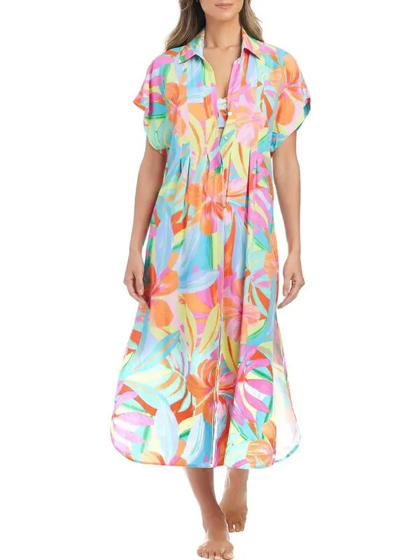 ROD BEATTIE Pleated Dolman Sleeve Shirtdress Cover-up - Pink Multi