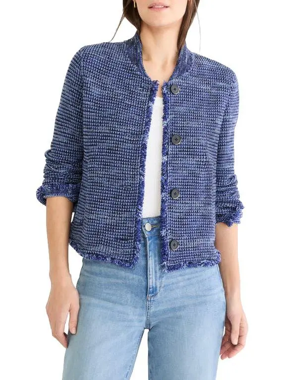 NIC+ZOE Fringe Knit Bomber Jacket - Blue Mix
