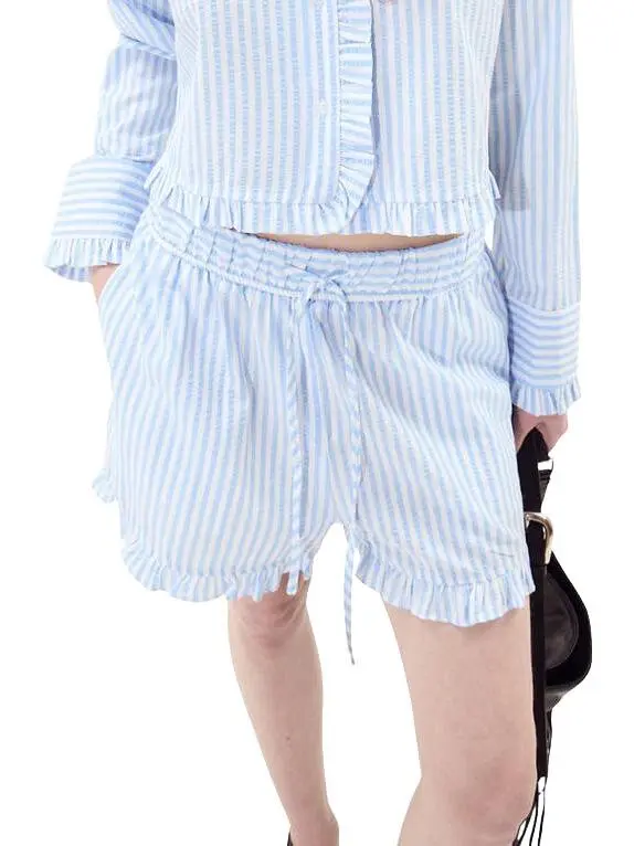 Deluc Stripe Ruffle Hem Shorts - Striped Light Blue