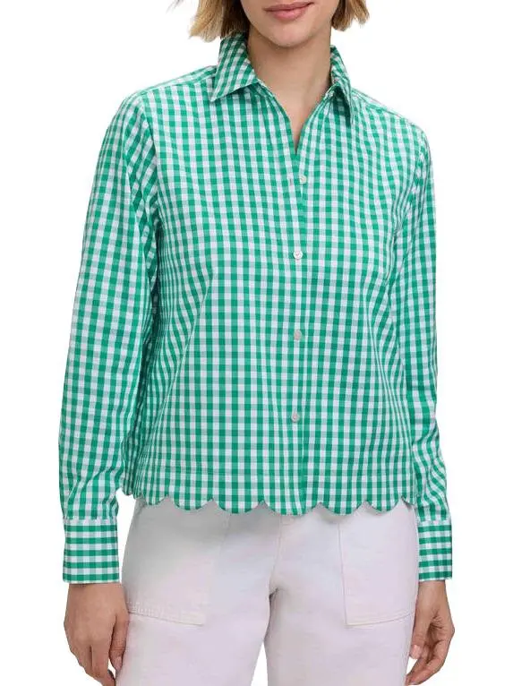 Foxcroft Gingham Scallop Hem Button-up Shirt - Green/white