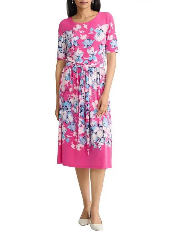 KASPER Floral Shirred Tie Belt Dress - Pink Perfection Multi