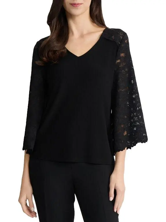 KASPER Lace Sleeve Top - Black