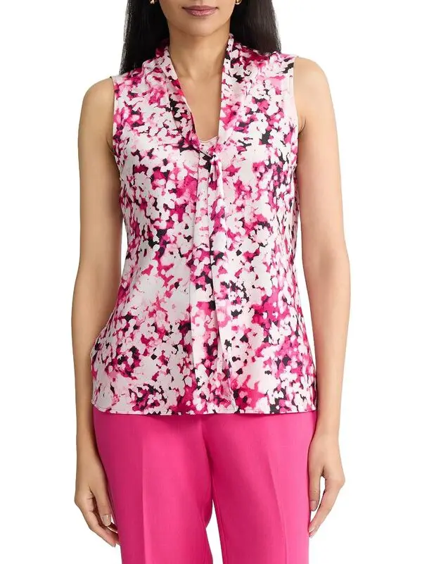 KASPER Tie Neck Sleeveless Satin Top - Pink Perfection Multi