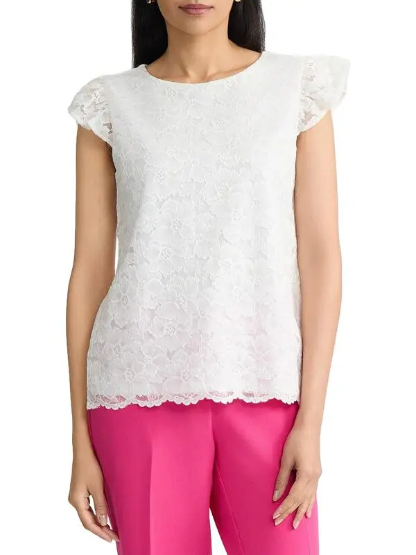 KASPER Lace Flutter-sleeve Top - Lily White
